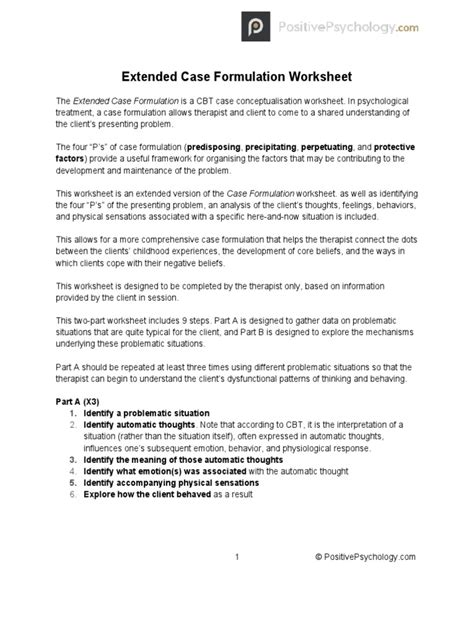 Extended Case Formulation Worksheet Pdf Psychotherapy Thought