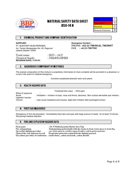 Material Safety Data Sheet For Bsu 14 N Demulsifier Pdf