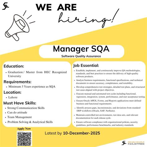 Shahkam Industries Limited Jobs Manager Sqa