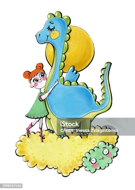 밝은 귀여운 일러스트 레이 션 어린이 만화 스타일 동화 캐릭터 종류 공룡과 소녀 노란색과 파란색 색상 0명에 대한 스톡 벡터 아트 및 기타 이미지 Istock