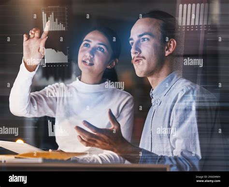 Code Overlay And Man With Woman Hologram And Futuristic Data Analysis