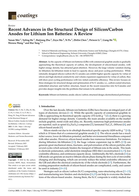 Pdf Recent Advances In The Structural Design Of Siliconcarbon Anodes For Lithium Ion