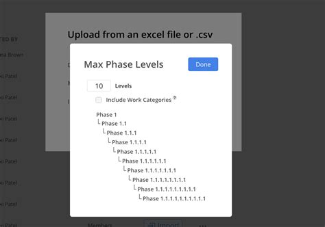 uploading projects subphases and work categories