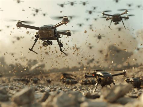 Swarm Of Drones Conducting Surveillance Over Rugged Terrain Stock Image