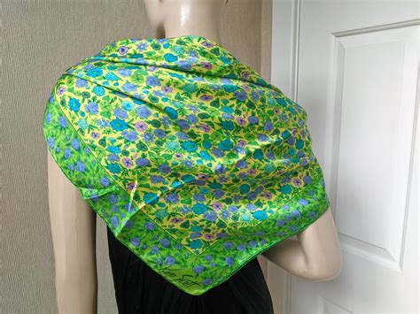 Beautiful Ken Scott Vintage Silk Scarf Floral Bright Green And Yellow