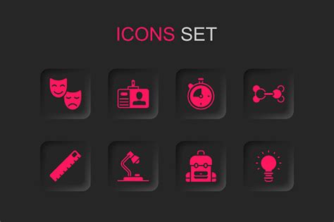 세트 테이블 램프 식별 배지 희극 및 비극 마스크 학교 배낭 분자 크리에이 티브 라이트 아이디어 스톱워치 및 눈금자 아이콘 벡터 Theatrical Performance에