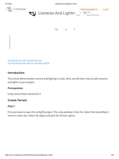 Lesson 1 Cameras And Lighting In Unity Pdf C Sharp Programming Language Camera