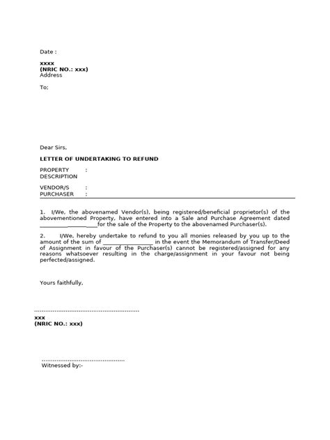Letter Undertaking To Refund Pdf
