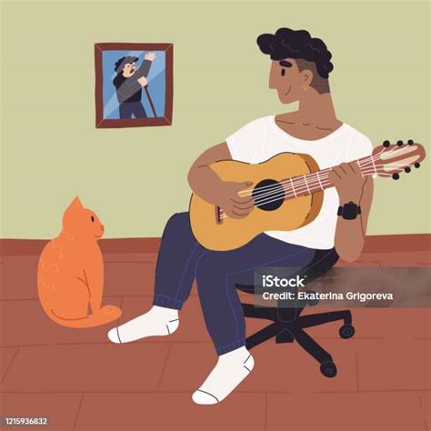 젊은 스페인 이나 이탈리아 남자 의자에 앉아 기타에 재생 하 고 그와 그의 빨간 고양이 서로 보고 미소 검역 자기 격리 코로나 바이러스 질병 개념 플랫 벡터 손으로 그린
