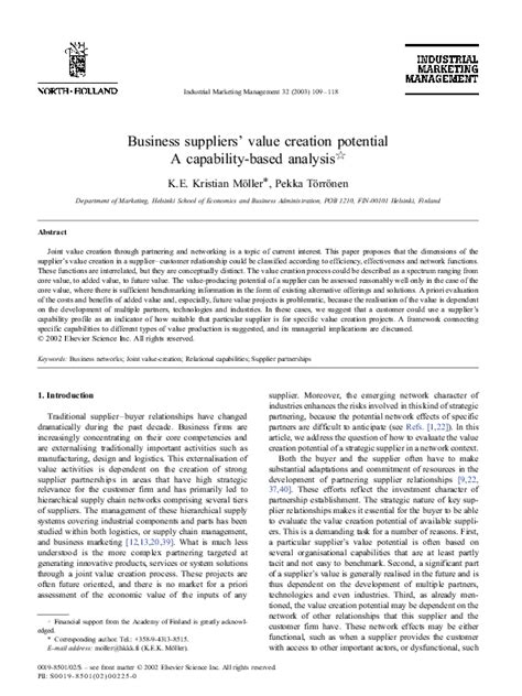 Pdf Business Suppliers Value Creation Potential 1 A Capability