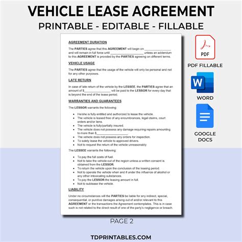 Truck Lease Agreement Template Pdf Fillable And Printable Editable Ms