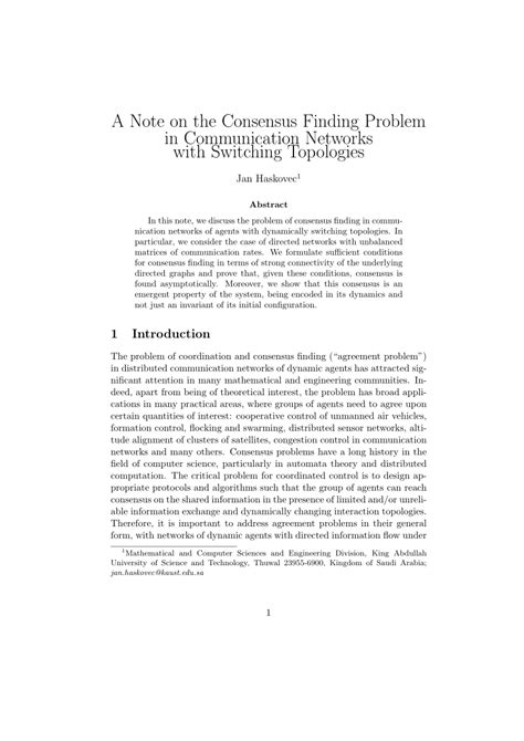 Pdf A Note On The Consensus Finding Problem In Communication Networks With Switching Topologies