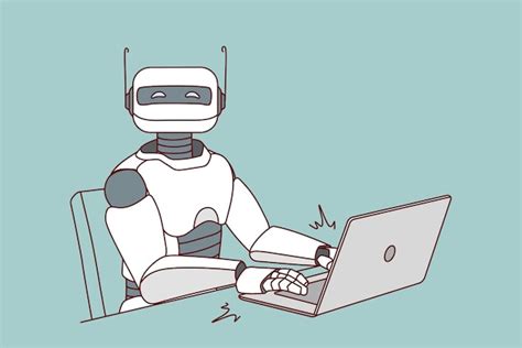 Premium Vector Robot Working On Laptop At Desk