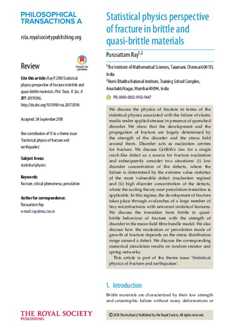Pdf Statistical Physics Perspective Of Fracture In Brittle And Quasi Brittle Materials