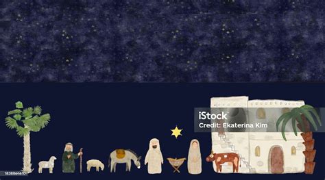 Watercolor Christmas Nativity Scene Border On Dark Blue Background