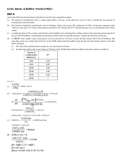 Acids Bases And Buffers Frq Practice Pdf Acid Ph