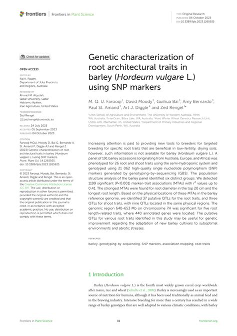 Pdf Genetic Characterization Of Root Architectural Traits In Barley Hordeum Vulgare L Using