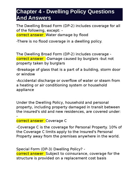 Dwelling Insurance Policy Coverages And Exceptions Exams Insurance Law Docsity