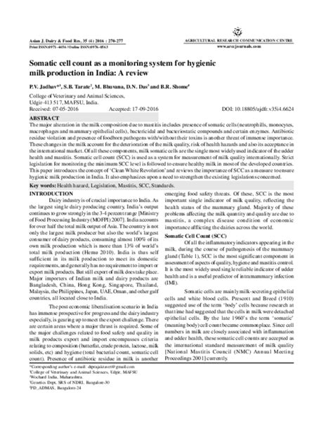 Pdf Somatic Cell Count As A Monitoring System For Hygienicmilk