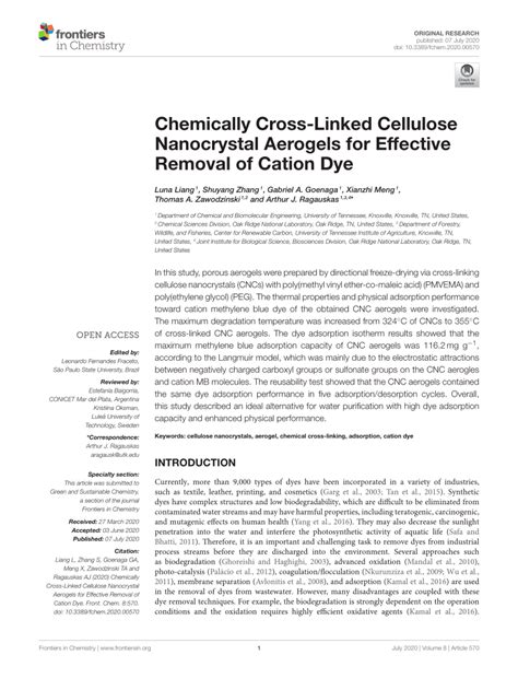 Pdf Chemically Cross Linked Cellulose Nanocrystal Aerogels For Effective Removal Of Cation Dye