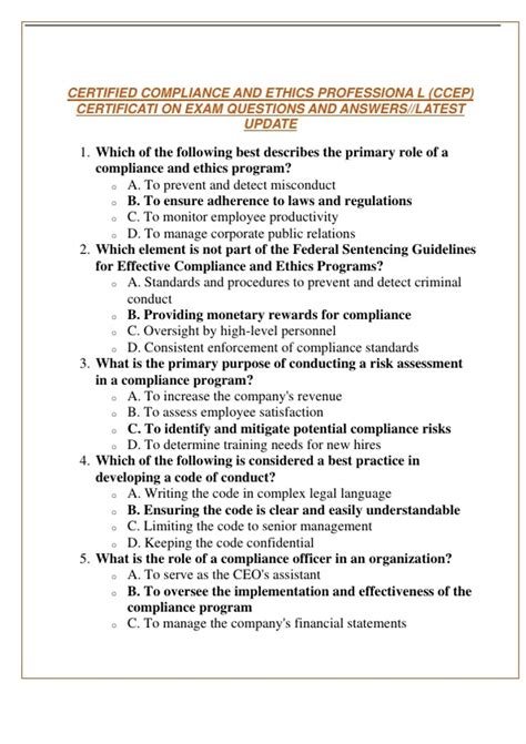 Certified Compliance And Ethics Professiona L Ccep Certificati On Exam Questions And Answers