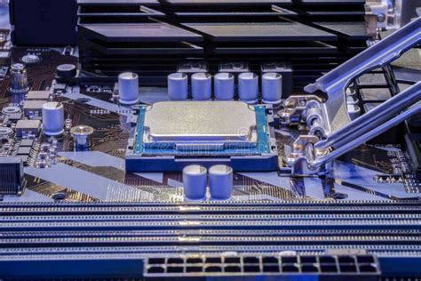 Cpu Processor Installed On Socket Of Computer Motherboard Stock Image Image Of Computer