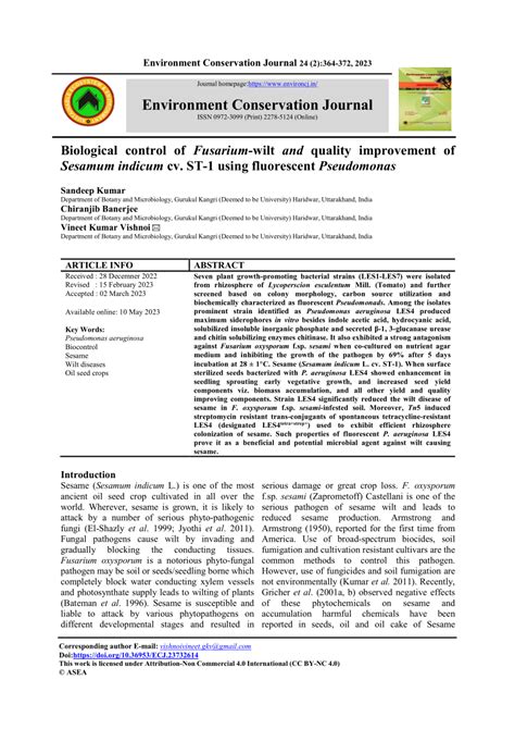 Pdf Biological Control Of Fusarium Wilt And Quality Improvement Of Sesamum Indicum Cv St 1