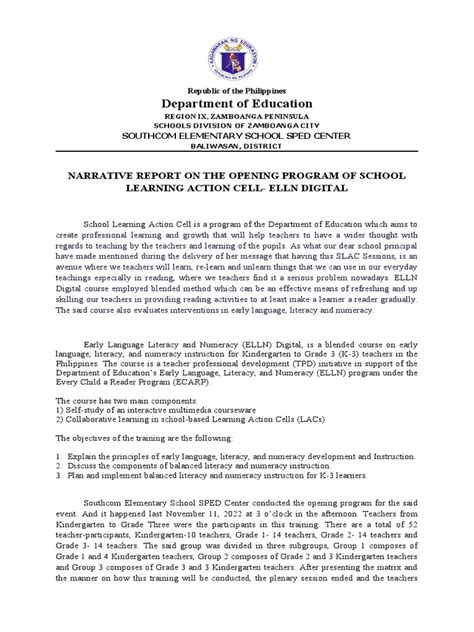 Narrative Report Elln Digital Opening Program Pdf Literacy Teachers