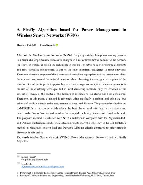 Pdf A Firefly Algorithm For Power Management In Wireless Sensor Networks Wsns
