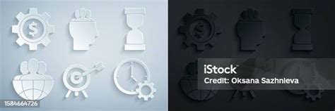 화살표 오래된 모래 시계 흐르는 모래 지구본 사람들 시간 관리 프로젝트 팀 기지 및 기어 달러 기호 아이콘으로 목표를 설정합니다 벡터 3차원 형태에 대한 스톡 벡터 아트 및