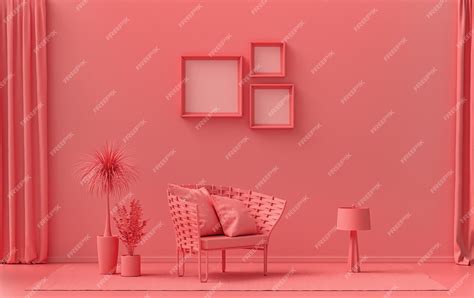 가구와 식물이 있는 단일 밝은 분홍색 방에 3개의 프레임이 있는 갤러리 벽 프리미엄 사진