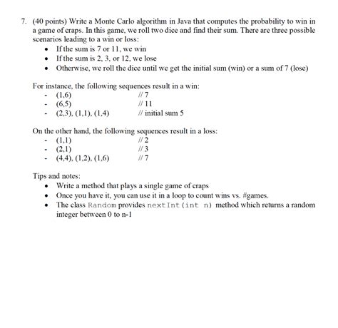 solved 7 40 points write a monte carlo algorithm in java