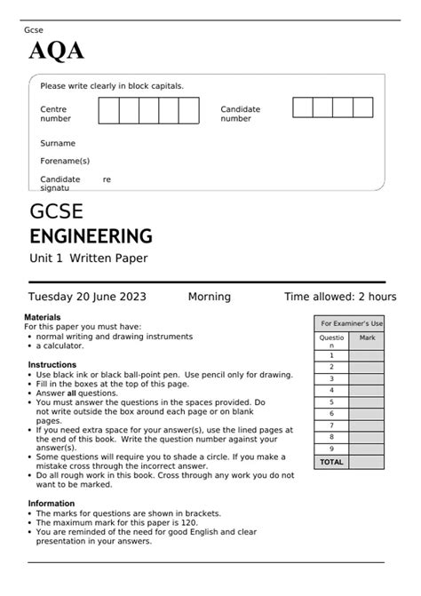Aqa Gcse Engineering Unit 1 Written Paper June 2023 Question Paper Gcse Engineering Stuvia Us