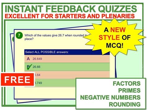 Instant Feedback Maths Quiz Number 1 Teaching Resources