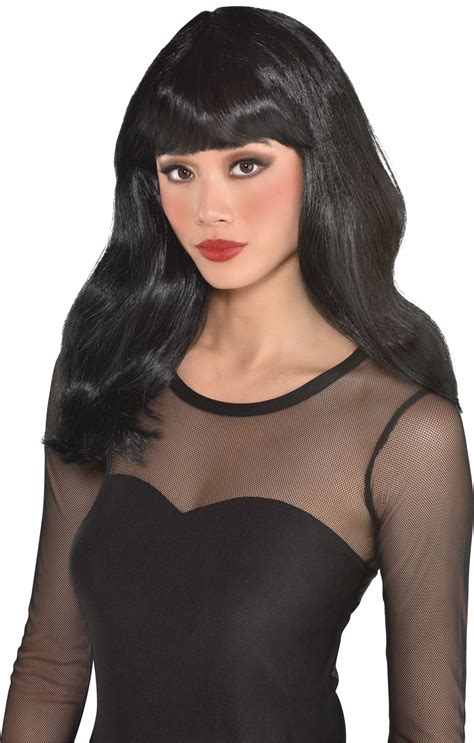 Long Wavy Hair Wig With Bangs Black One Size Wearable Costume