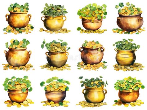 Pots Overflowing With Shiny Gold Accented With Clover Leaves Stock