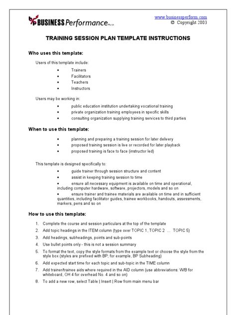 Training Session Plan Template Instructions Who Uses This Template