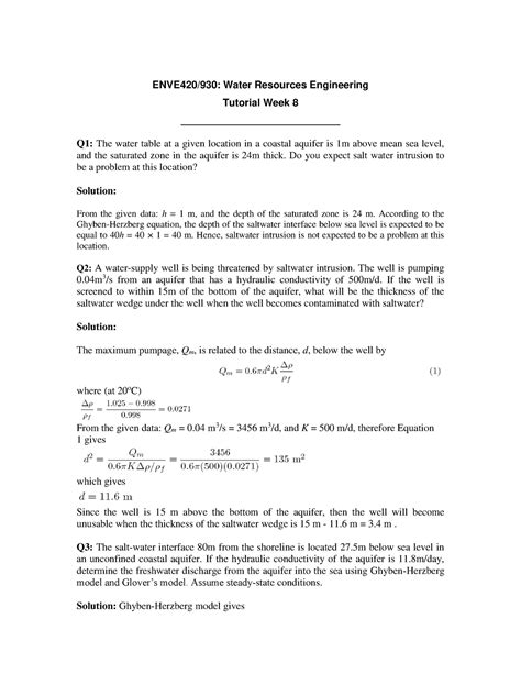 Week 8 Tutorial Qa 2021 Enve420930 Water Resources Engineering