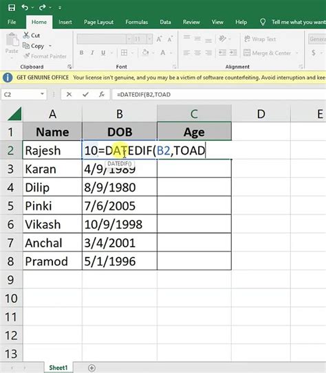 Excel Age Calculate Datedif Formula Youtube