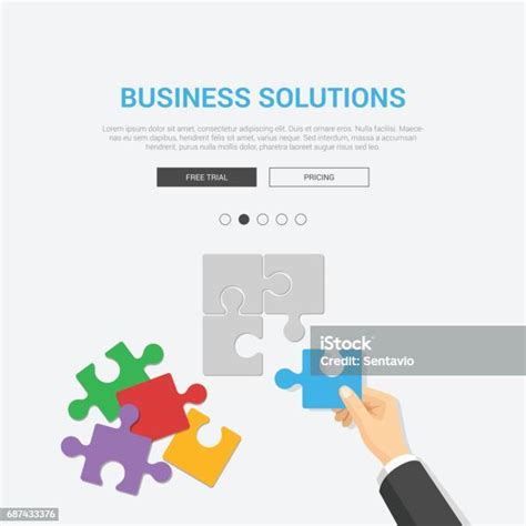 비즈니스 솔루션에 대 한 쇼케이스 이랑 현대적인 평면 디자인 벡터 일러스트 레이 션 개념 손 배치 퍼즐 조각 평면도 직장 데스크톱 테이블 웹 배너 홍보 자료 서식 파일