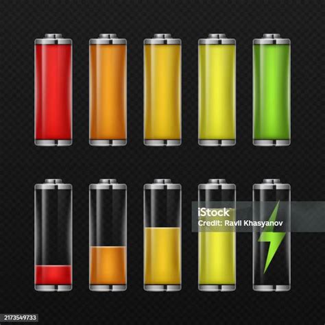 사실적인 배터리 충전 표시기 세트 다양한 수준의 에너지 축압기 표시기 아이콘 0명에 대한 스톡 벡터 아트 및 기타 이미지 0명 3차원 형태 가득 찬 Istock