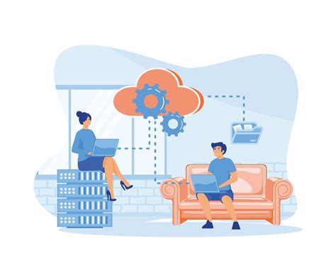Cloud Computing Concept With People Scene Man And Woman Processing Information At Laptops Using