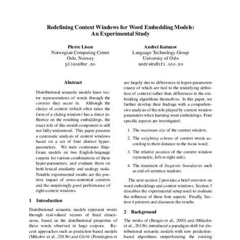 redefining context windows for word embedding models an experimental