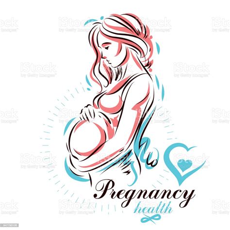 우아한 임산부 바디 실루엣 그림입니다 벡터 일러스트 레이 션 어머니의 그녀의 아랫 배를 Fondles 어머니 날 개념적 플라이어 건강관리와 의술에 대한 스톡 벡터 아트 및
