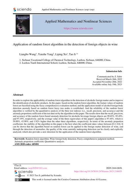 Pdf Application Of Random Forest Algorithm In The Detection Of Foreign Objects In Wine