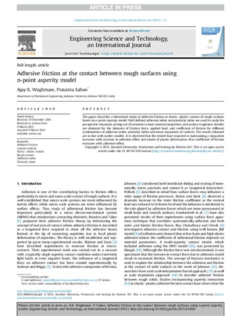 Pdf Adhesive Friction At The Contact Between Rough Surfaces Using N Point Asperity Model