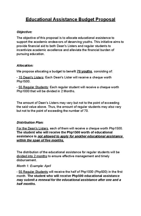 Educational Assistance Budget Proposal Educational Assistance Budget