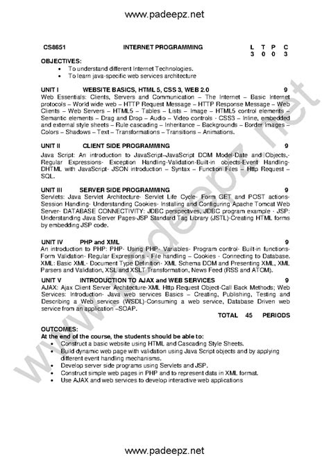 Cs8651 syllabus - CS8651 INTERNET PROGRAMMING L T P C 3 0 0 3 ...