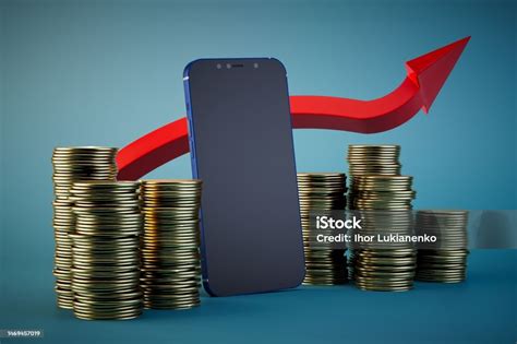 인터넷 수입의 성장 스마트 폰 달러 동전 더미와 빨간색 위쪽 화살표 3d 렌더링 0명에 대한 스톡 사진 및 기타 이미지 0명