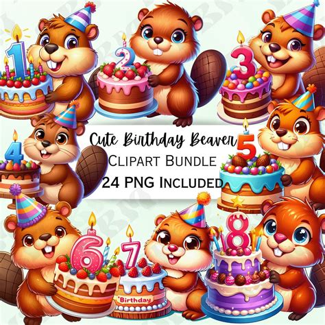 Cute Birthday Beaver Clipart Bundle Cartoon Sticker Adorable Party